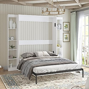 BALUS 97" W Murphy Bed with 2 Storage Cabinets, Queen Size Murphy Cube Cabinet Bed, Solid Wood Fold up Horizontal Murphy Wall Bed, Folding Bed Frame for Guest Room Bedroom Apartment - White