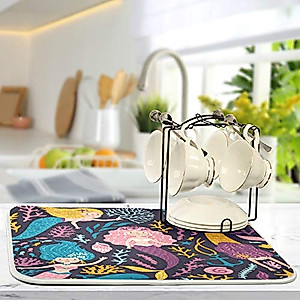 Cute Mermaids Whale Corals Seaweed Dish Drying Mat 24"x18" Absorbent Machine Washable Hanging Fast Dry Pad Dish Protective Mat for Kitchen Countertop Heat Resistant Dinner Table Mat