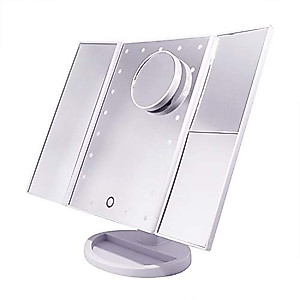 KXA Tri-Fold Vanity Mirror, 21 LED Lighted with Touch Screen 1X/2X/3X Magnification and USB Charging Adjustable Brightness and Stand for Makeup