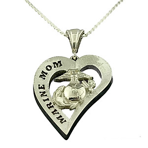 US Marine Corps Jewelry Marine Mom Heart Pendant, Silver
