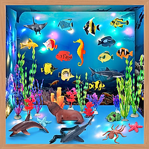 MiniInflat 39 Pcs Ocean Diorama Kit Sea Creature Toys Bulk Ocean Sea Animal Figure Toys Realistic Ocean Animal Figurines Toy Including Shark, Whale, Corals, Seagrass and More