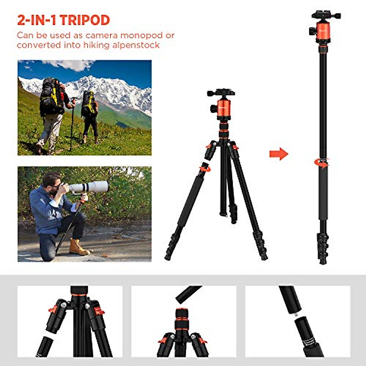 GEEKOTO 77’’ Tripod, Camera Tripod for DSLR, Compact Aluminum Tripod with 360 Degree Ball Head and 8kgs Load for Travel and Work