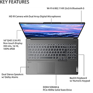 Lenovo Ideapad 5i Pro Laptop, 16" QHD 2.5K IPS Display, Intel Core i5-11300H, GeForce MX450, 8GB RAM, 1TB SSD, IR Camera, Backlit Keyboard, WiFi 6, Windows 11 Home