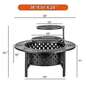 OutVue 36 Inch Fire Pit with 2 Grills, Wood Burning Fire Pits for Outside with Lid, Poker and Round Waterproof Cover, BBQ& Outdoor Firepit & Round Metal Table 3 in 1 for Patio, Picnic, Party