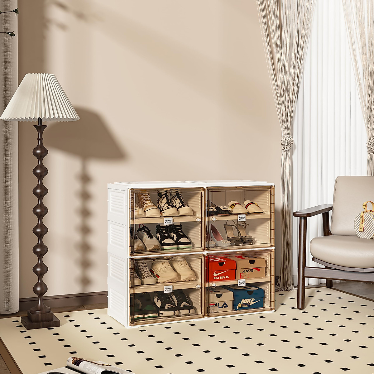 ANTBOX Portable Shoe Rack Organizer for Closet Entryway, Stackable Sneaker Storage Shoe Cabinet with Magnetic Clear Door, Large Plastic Storage containers Bins with Lids 4 Tiers 16 Pairs