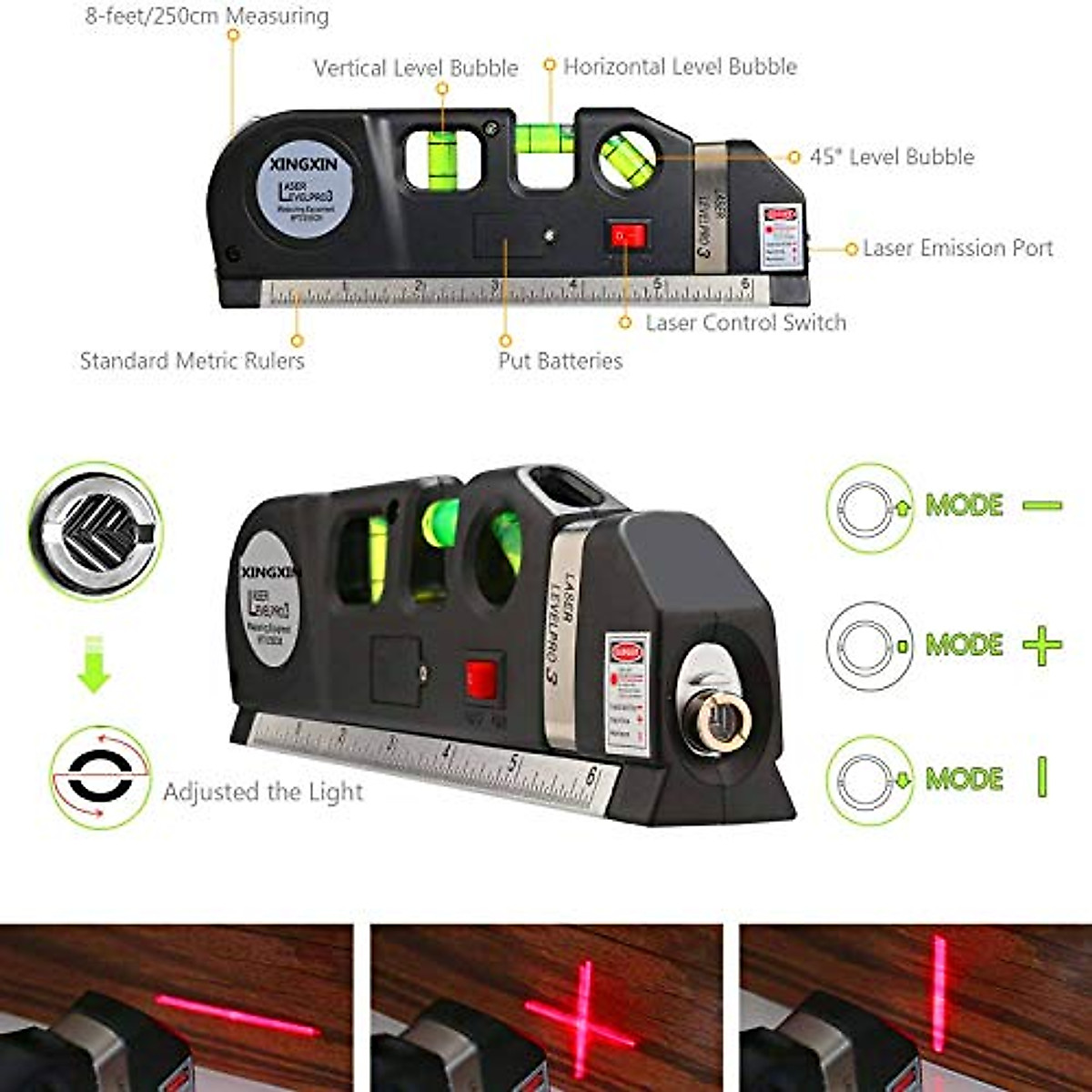 XINGXIN, Multipurpose Laser Level Laser Line 8 feet Measure Tape Ruler Adjusted Standard and Metric Rulers Laser Level Line Tool for hanging pictures-Hanging cabinets-Tile Walls, Black