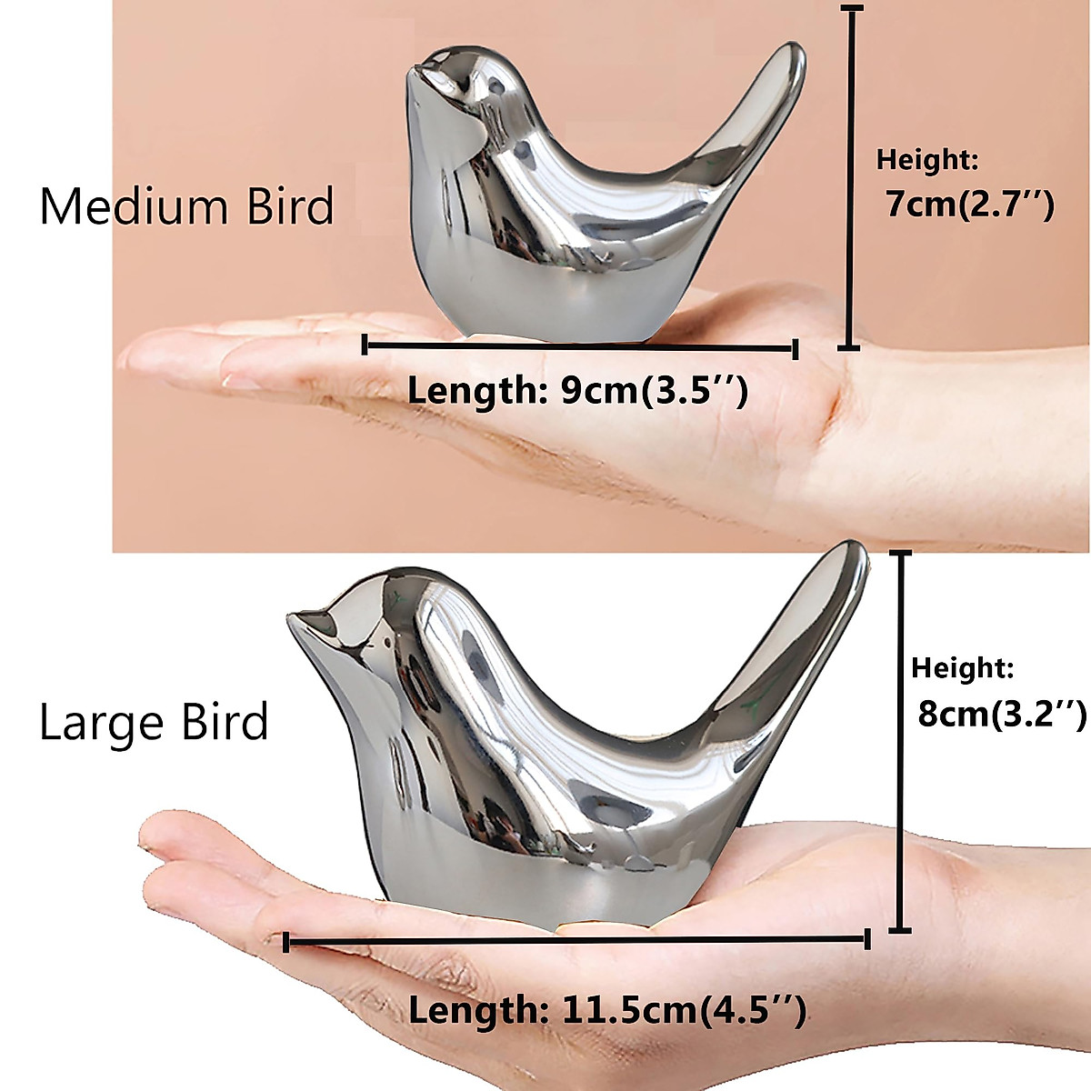 FANTESTICRYAN Small Birds Statues Gold Home Decor Modern Style Figurine Decorative Ornaments for Living Room, Bedroom, Office Desktop, Cabinets (M&L, Silver)
