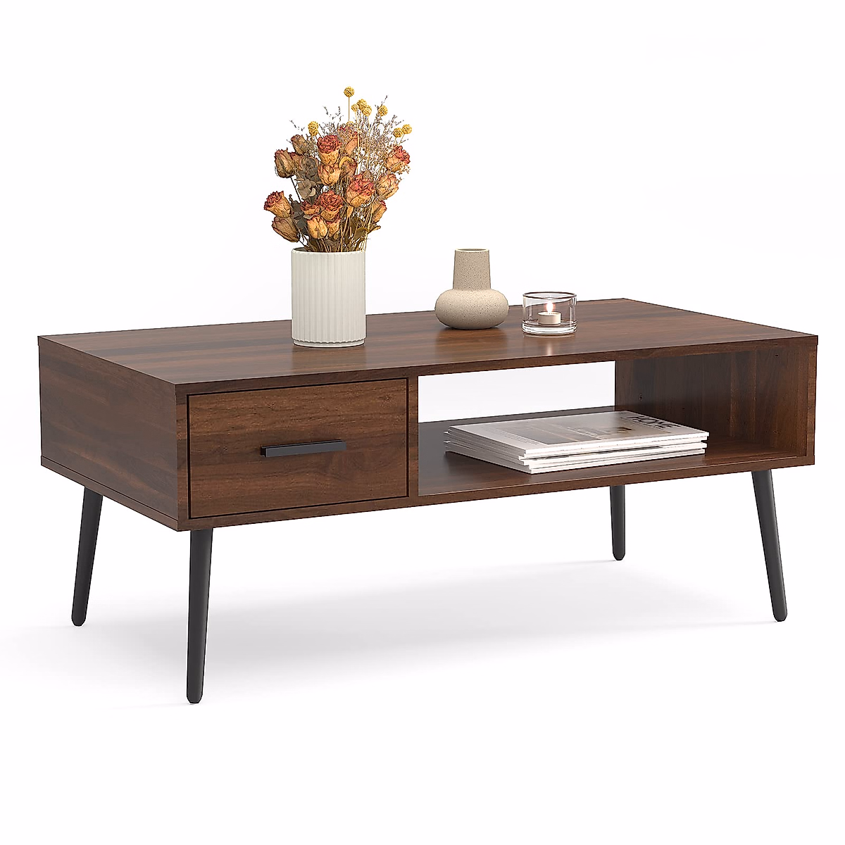 HAIOOU Coffee Table, Mid Century Modern Style Cocktail Table TV Stand with Drawer, Open Storage Shelf, Stable Floor-Anti-Scratching Pine Leg for Home, Office, Living Room