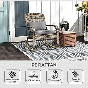 Outsunny Outdoor Wicker Adirondack Rocking Chair, Patio Rattan Rocker Chair with High Back, Seat Cushion, and Pillow for Garden, Porch, Balcony, Gray