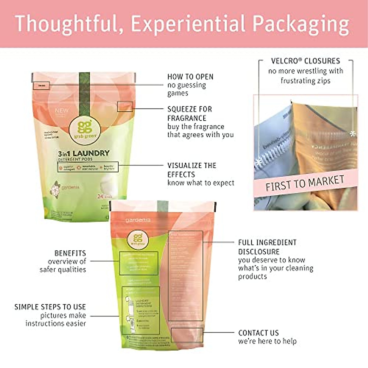 Grab Green 3-in-1 Laundry Detergent Pods, 24 Count, Fragrance Free, Plant and Mineral Based, Superior Cleaning Power, Stain Remover, Brightens Clothes