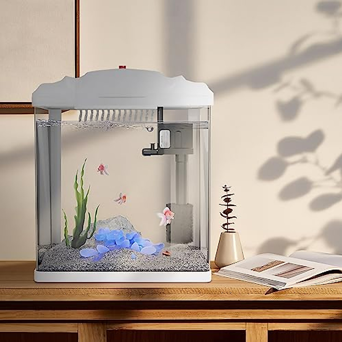 TARARIUM Glass Betta Fish Tank Set Up Aquarium Starter Kit Small Nano 2 Gallon with Waterfall Filter and Planted Light, Self Cleaning for Shrimp Goldfish Desktop Office Home Room Decor