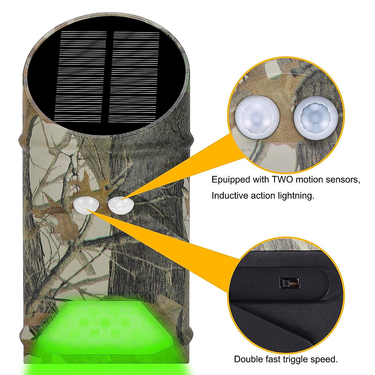 LILBEES Solar Powered Hog Feeder Light with Motion Sensor for Hog,Deer Feeder,Predator Coyote Pig Varmint,Campact Camouflage Design for Out Door Hunting with Green Lights(G300)(Pack of 2)
