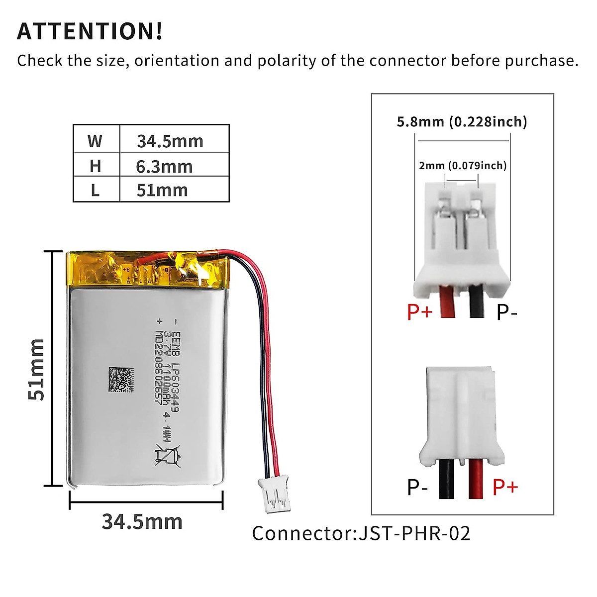 EEMB 4PACK Lithium Polymer Battery 3.7V 1100mAh 603449 Lipo Rechargeable Battery Pack with Wire JST Connector for Speaker and Wireless Device- Confirm Device & Connector Polarity Before Purchase
