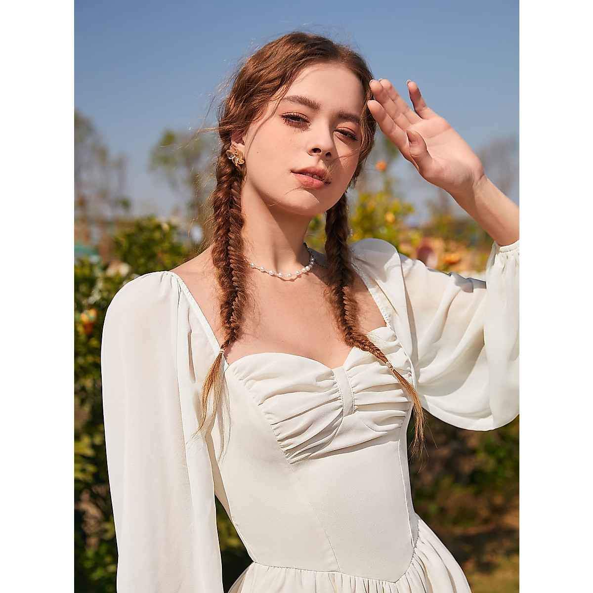 Verdusa Women's Long Sleeve Sweetheart Neck Lantern Sleeve Ruched Bust Ruffle Trim Mini Dress White XS