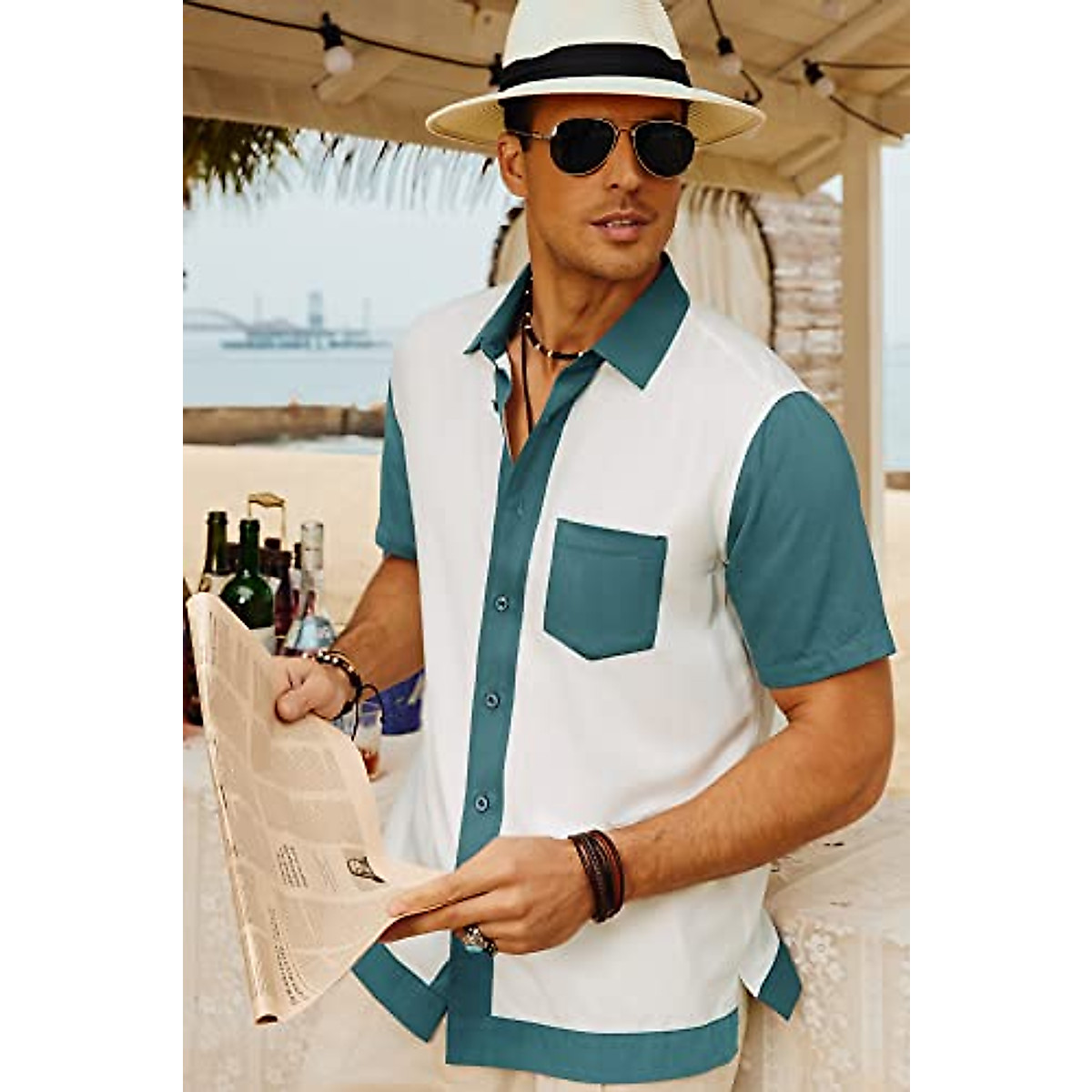 PJ PAUL JONES Men 50s Retro Bowling Shirt Short Sleeve Summer Beach Shirt White, Small