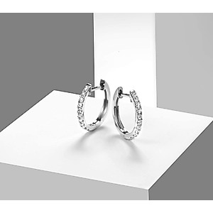 Carleen 14K Solid White Gold 0.2cttw Diamond Hoop Earrings Round Cut Small Tiny Cute Huggie Hinged Cartilage Hoop Earrings Fine Jewelry For Women, Diameter 3/5 inch (Color I-J,Clarity SI)