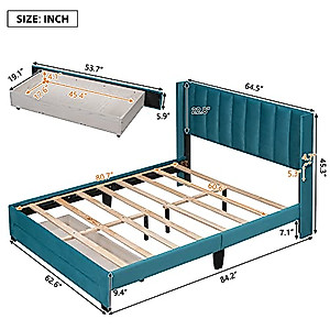 Prohon Queen Bed Frame with Wingback Headboard and A Big Storage Drawers on Endbed, Velvet Upholstered Platform Bed w/Wood Slats Support Mattress Foundation,No Box Spring Needed,Easy to Install,Blue