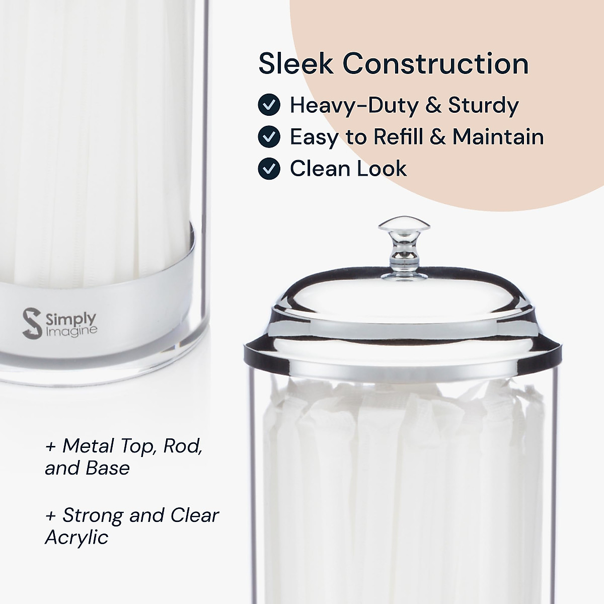 SimplyImagine Acrylic Straw Holder- 13 Inch Tall Drinking Straw Dispenser for Smoothie Tubes, Retro Reusable Storage Container of House Supplies- Metal Base and Lid with 20 Clear Straws in White Pack