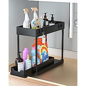 Gaclibl Under Sink Organizers and Storage, 2 Tier Under Cabinet Organizer with 4 Hooks Pull Out Under Sink Storage for Bathroom Kitchen Cabinet Counter Pantry, Black