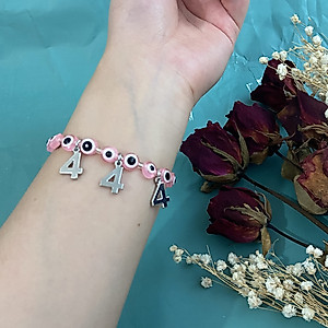 QqzsJewls Pink Evil Eye Bracelet Ojo Evil Eye Beaded Bracelet 444 Number Charm Bracelet Bead Bohemian Protection Friendship Bracelet Good Luck Hispanic String Bracelet for Women
