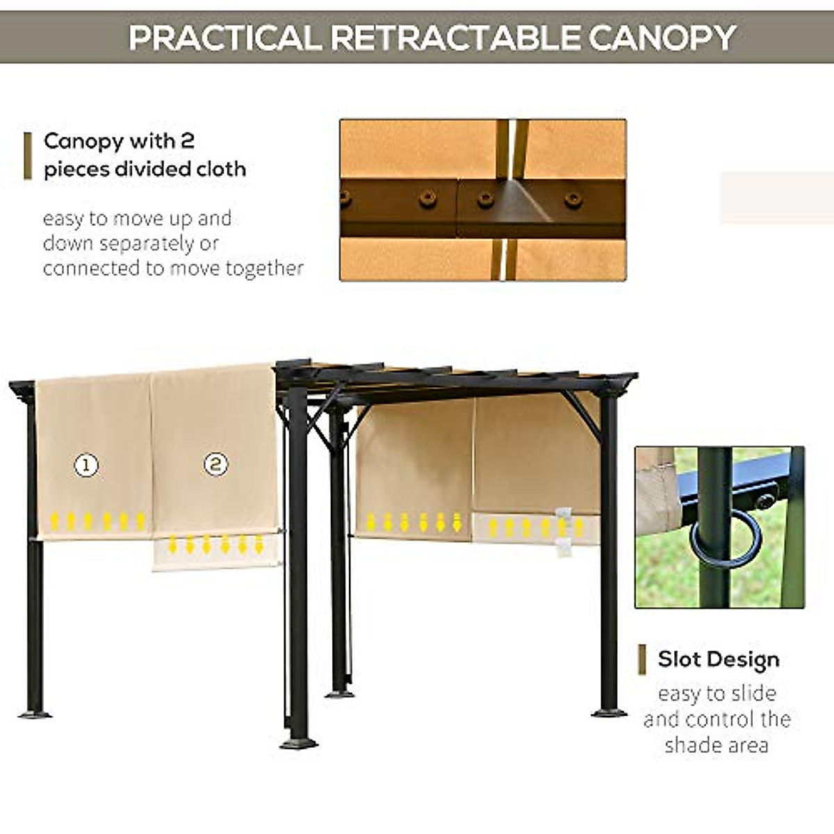 Outsunny 10' x 10' Outdoor Retractable Pergola Canopy with Sun Shade Unique Design Canopy Patio Metal Shelter for Garden Porch Beach