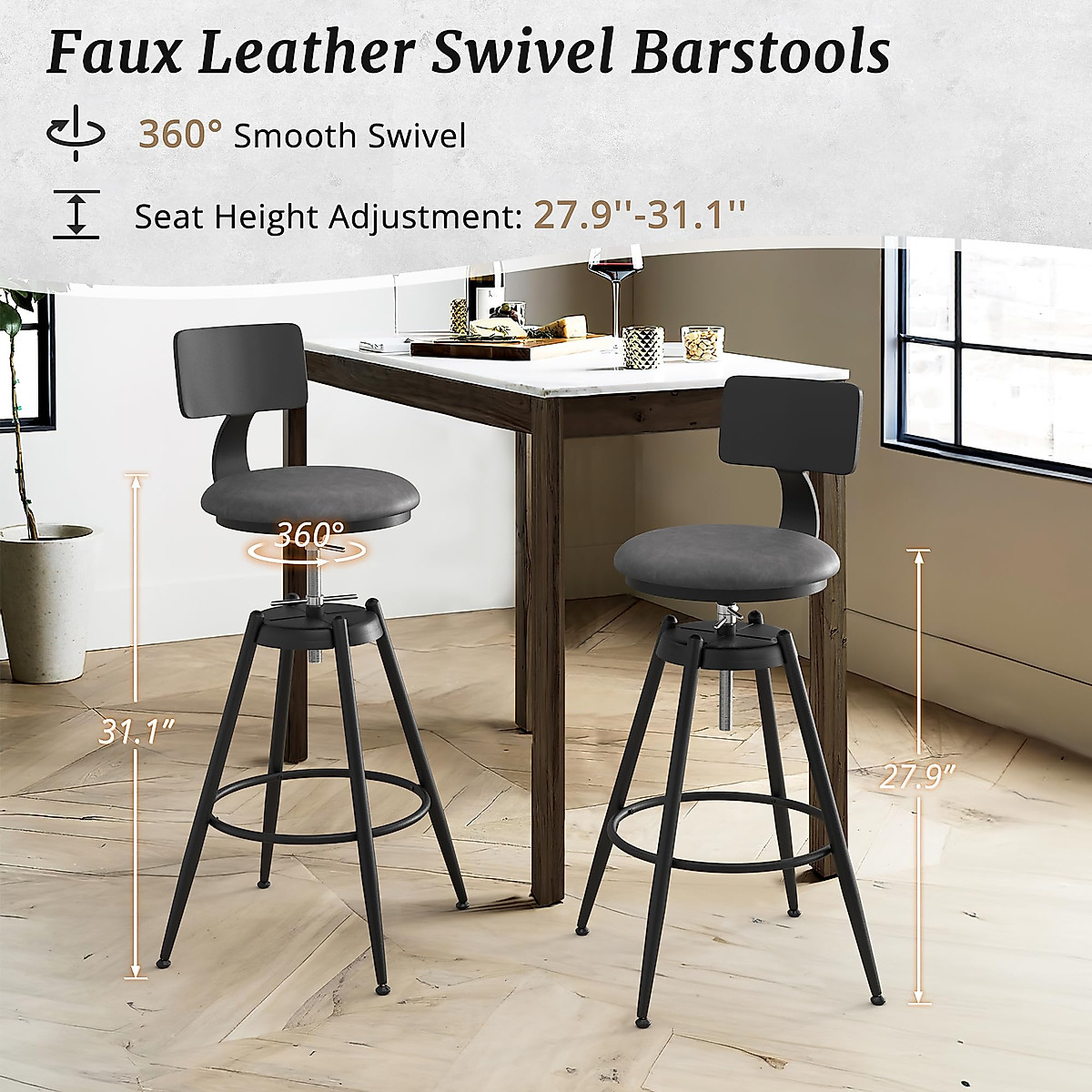 Industrial Swivel Bar Stool Set of 4, 26"-32" Adjustable Counter Height Bar Stool with Back for Kitchen Island, Vintage Farmhouse Faux Leather Barstool with Black Metal Legs, Dark Gray