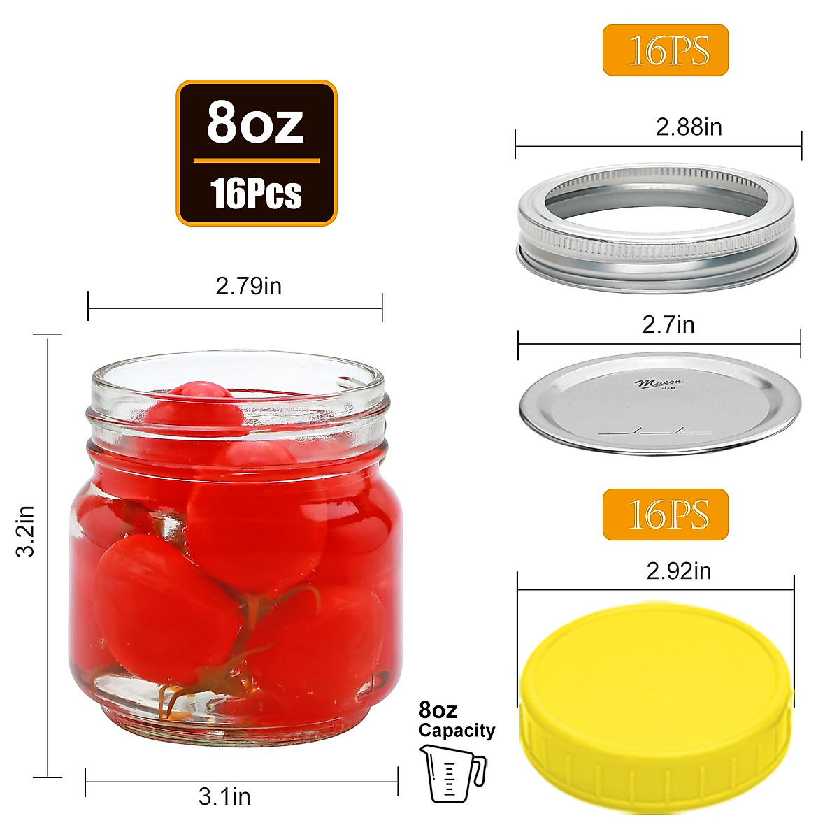 Accguan Mason Jar Set of 16, 8 OZ Glass Jar with Yellow Plastic Lid and Stainless Steel Split Lid, Honey, Wedding Favors, Shower Favors, Food Storage