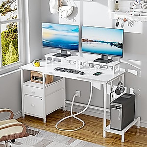 Furologee White Computer Desk with Drawer and Power Outlets, 47" Office Desk with 2 Monitor Stands and Fabric File Cabinet, Writing Gaming Table with Shelves and 2 Hooks for Home Office