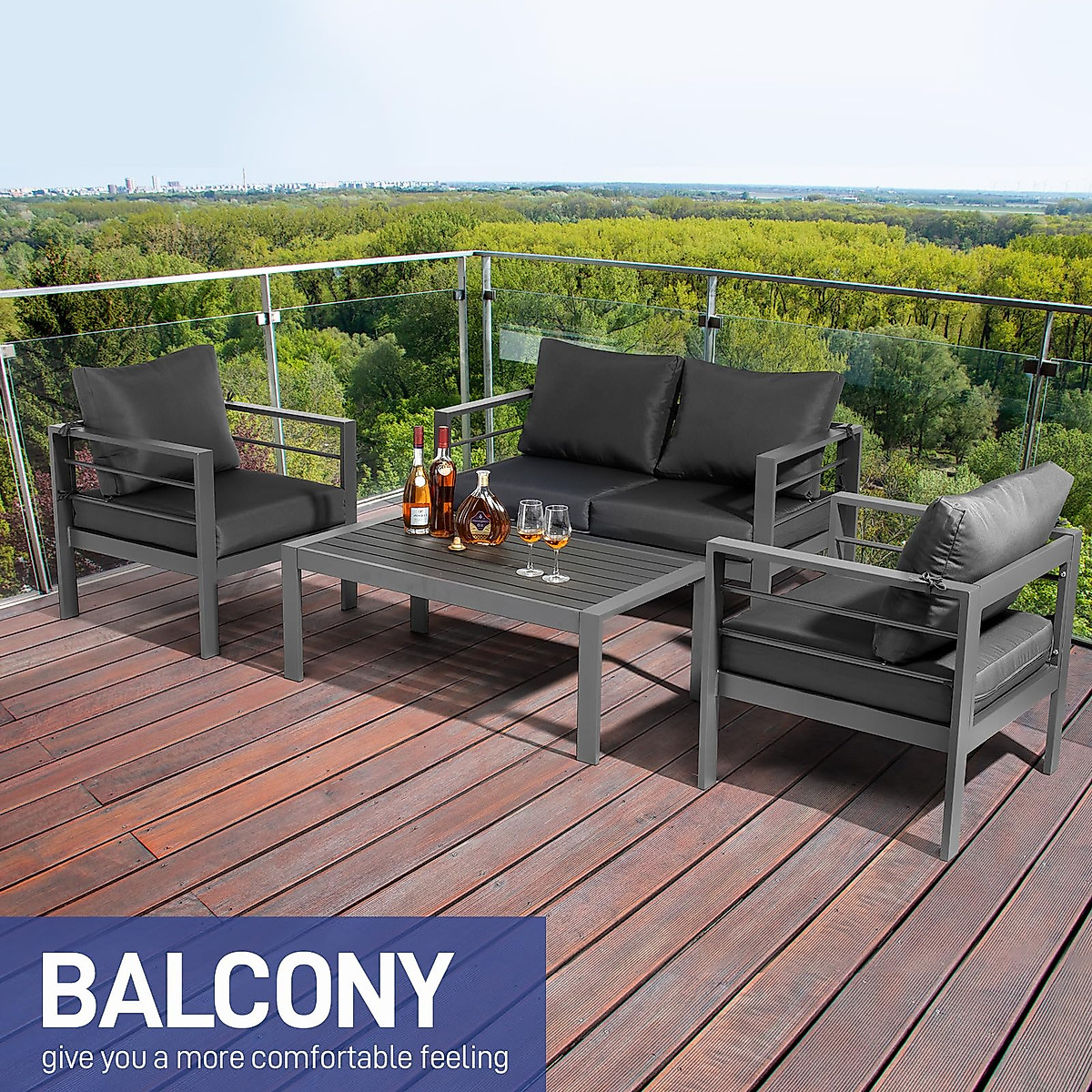 VINGLI Outdoor Furniture 4 Pieces Modern Aluminum Patio Furniture Set, Patio Sofa Set Outdoor Patio Conversation Sectional Set for Lawn, Garden, Backyard (Gray)