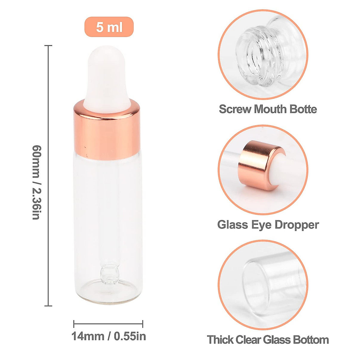 Clear Glass Dropper Bottles,50 Packs Essential Oils Bottles With Rose Gold Lids Perfume Sample Vials Travel DIY Cosmetic Liquid Containers 2 Pipettes Included (5ml(1/6oz))