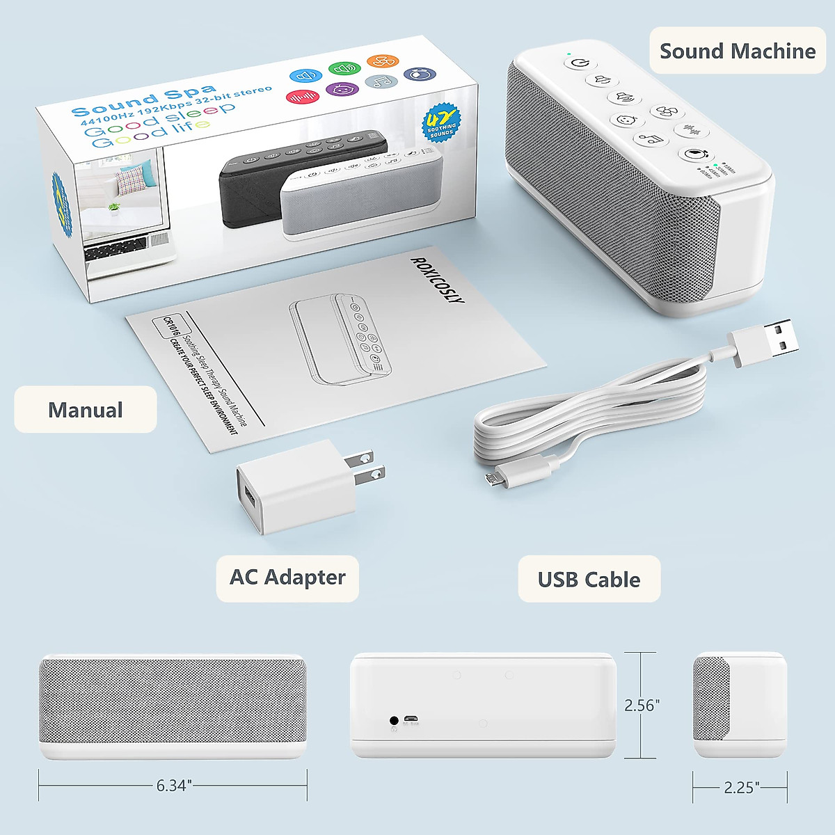White Noise Sound Machine for Sleeping Baby Adults Kids-Portable Sleep Sound Therapy Machine, USB Rechargeable, 42 Soothing Sounds, Auto-Off Timer, 8 Volume Control & AC Adapter Included for Office