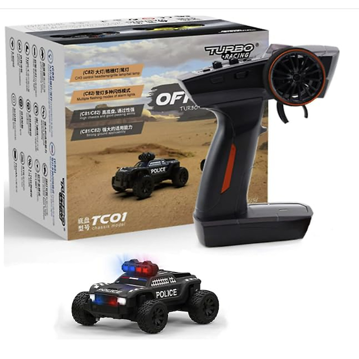 Helidirect Turbo Racing C82 1/76 Scale 2.4GHz Mini RC Car Police 2WD RTR Off-Road On Road Indoor Track Car - Remote Control Car, RC Car, RC Sport Car, RC Mini Monster Truck 1/76 Scale (HELIDIRECT)