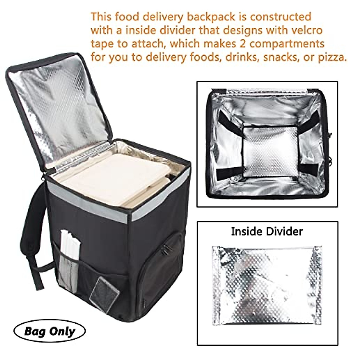 KISLANE 37L Insulated Food Delivery Backpack, 12.71’’x11.6’’x15.5’’ Food Delivery Backpack with Cup Holder, Food Delivery Bag for Food/Drink（Black）