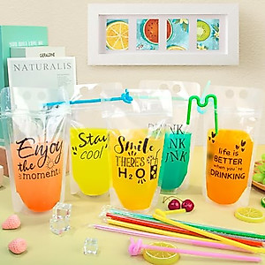 Ozera 50 Pcs Drink Pouches for Adults, Reusable Drink Pouches with Straws Funnel, Funny Text Juice Pouches for Adults Teen, Novelty Hand-held Plastic Smoothie Pouches for Drinks(5 Styles)