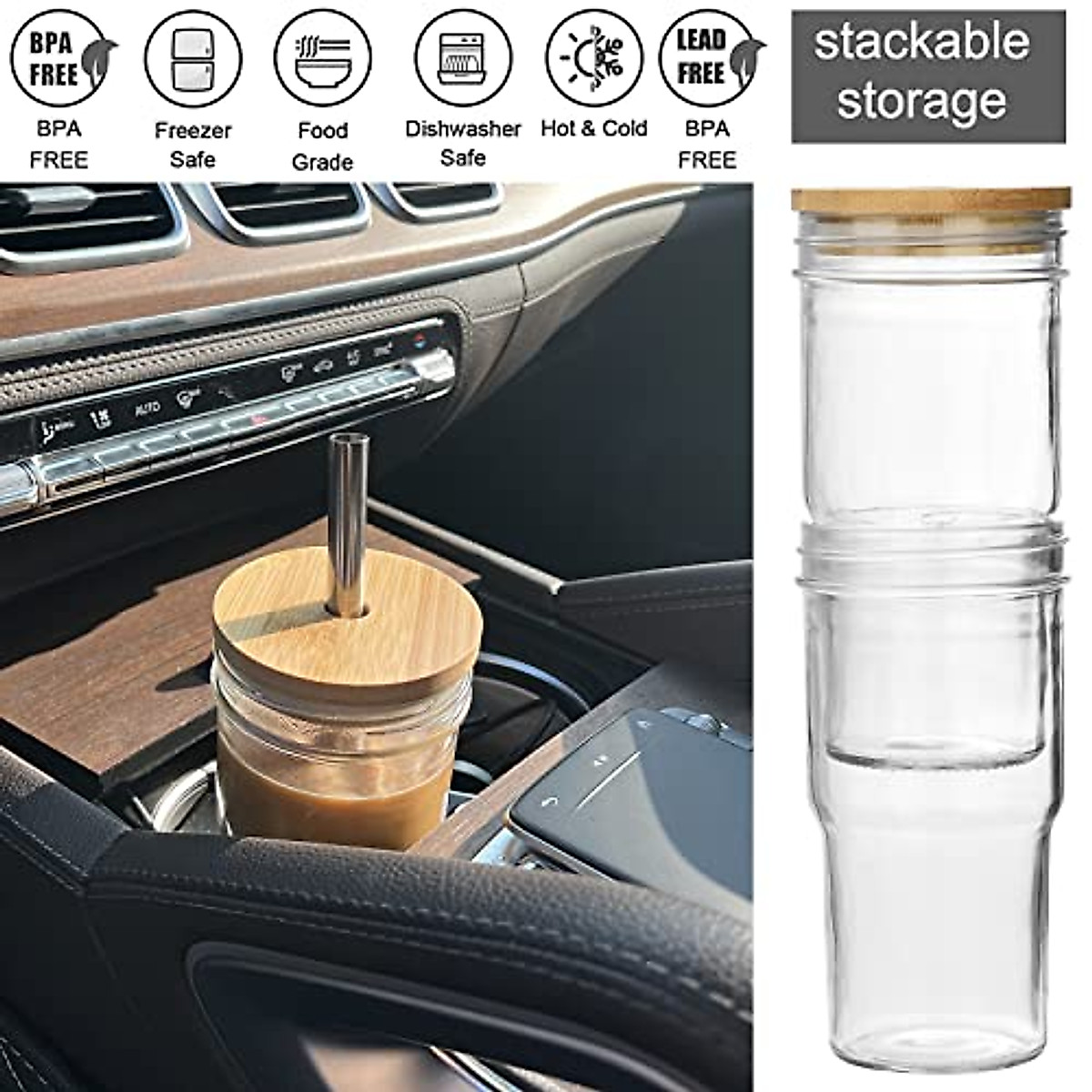 ALINK 4-Pack Glass Cups with Bamboo Lids and Straws, 22oz Mason Jar Glass Tumbler, Reusable Boba Cups, Iced Coffee Drinking Glasses for Bubble Tea, Smoothies, Juice - 2 Cleaning Brush
