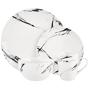 American Atelier Marble Black Coup Casual Round Porcelain Dinnerware Set-16 Piece Party Collection w/ 4 Dinner Salad Plates, 4 Bowls & 4 Mugs, 10.5", White