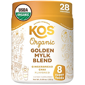 KOS Golden Mylk with Tumeric and Ginger, Organic Superfood Latte Powder, Adaptogen Mushroom Blend - Coffee Creamer, Dessert & Smoothie - Caffeine Free, Vegan, Dairy-Free, Gingerbread Chai, 28 Servings