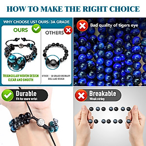 Triple Protection Bracelet - for Protect & Balance - Energy Crystal Bracelets for Men Women - Bring Good Luck & Prosperity - Tiger Eye Hematite & Black Obsidian Jewelry Natural Stone Healing Bracelet