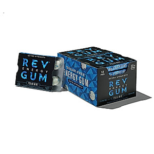Rev Gum Caffeine Energy Gum | Extra Strength 100mg of Caffeine per Gem | Polar Mint Sugar Free Caffeine Gum - Low Calorie Chews to Help You Stay Alert, Awake and Focused - Mint Chewing Gum - 12 Packs
