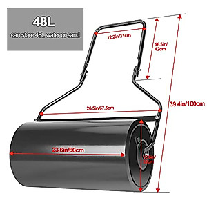 Rultyn Lawn Roller Push/Pull Steel Sod Roller 13 Gallons/48L Lawn Rollers Tow Behind Water Filled for Park, Garden, Yard, Ball Field (Black-24inch)