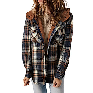 Dokotoo Hooded Shacket Jacket Women Fashion Plaid Flannel Shirts Fleece Lined Long Sleeve Button Up Jackets Sherpa Fuzzy Thick Coats Vintage 2024 Fall Warm Winter Oversized Coat Outwear Blue S