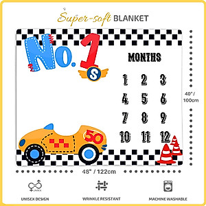 LUCKBTY Racing Car Milestone Blanket, Growth Chart Blanket for Baby Boy and Girl, Memory Blanket for Baby Shower, Month and Age Blanket, Photography Backdrop Photo Prop 48"x40" BTZDLU129