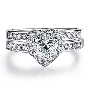 MABELLA His Hers 3 Pcs Stainless Steel Matching Band Women Heart Cut Sterling Silver Wedding Engagement Ring Set Women's Size 7 Men's Size 9