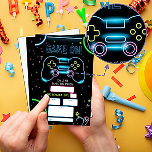 Video Game Theme Birthday Party, Fun Gaming Party Invitation Fill-In Invites For Men & Women, 20 Game On Invitations With Envelopes(4" X 6")，Adults Party Favors Decorations And Supplies-09