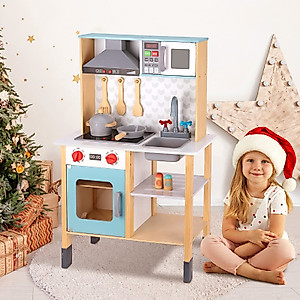 TOOKYLAND Play Kitchen Set for Toddler with Real Light & Sound, Removable Sink, Microwave, Range Hood, Stove, Oven for Kids Gift Age 3+