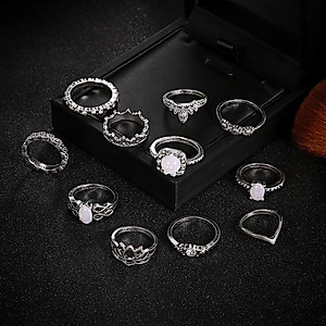 SEniutarm Engagement Love Rings Wedding Bands 11Pcs Women Jewelry Set Faux Opal Rhinestone Knuckle Stacking Joint Rings Band for Women/Girl Finger Rings DIY Jewelry Gifts - Antique Silver