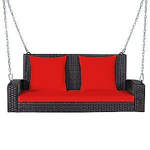 RELAX4LIFE Porch Swing 2-Seat Patio Rattan, Wicker Porch Swings Outdoor W/ Two 7.9 Ft Solid Steel Chain, Comfortable Back & Seat Cushions, for Front Porch, Garden, Backyard Patio Swing (Red)