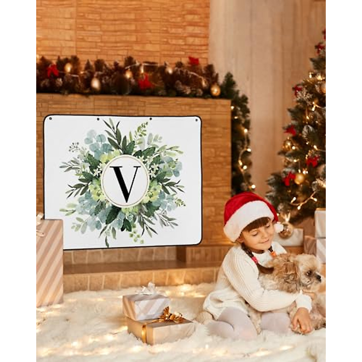 Fireplace Screen Magnetic Fireplace Cover for Living Room Washable Indoor Fireplace Draft Cover Christmas Fireplace Screens,Save Energy Stops Heat Loss,Letter V, Farmhouse Eucalyptus Wreath 51"x39"