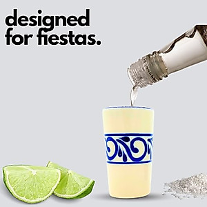 Casa Fiesta Designs Mexican Shot Glasses, Tequilero Mexicano - Hand-painted in Mexico - Great for Tequila, Mezcal and Sangrita, 2 oz set of 2 - Tequilero Colonial White Flores Entre Lineas