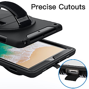 JETech Case for iPad 9.7-Inch (6th/5th Generation, 2018/2017 Model) with Built-in Screen Protector, Protective Shockproof Rugged Tablet Cover, 360° Rotating Hand Strap Stand (Black)
